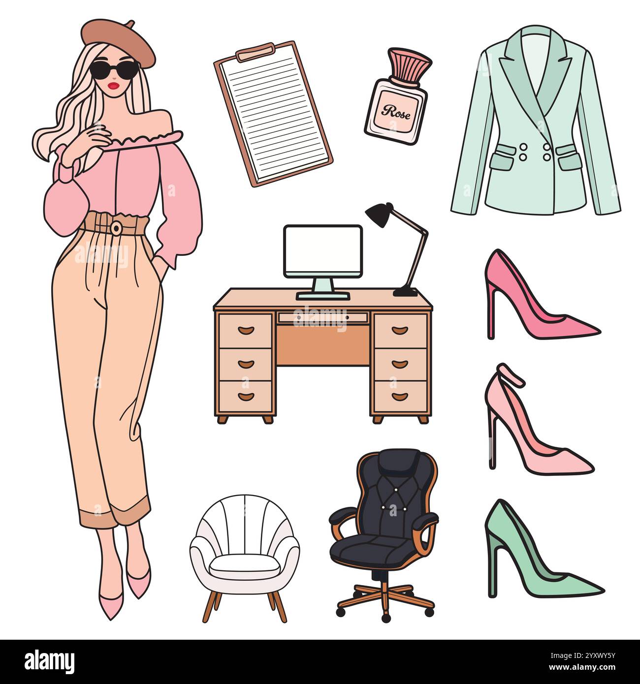 Feminine Aesthetic Vector Clip Art Set – Woman Office Life Elements ...