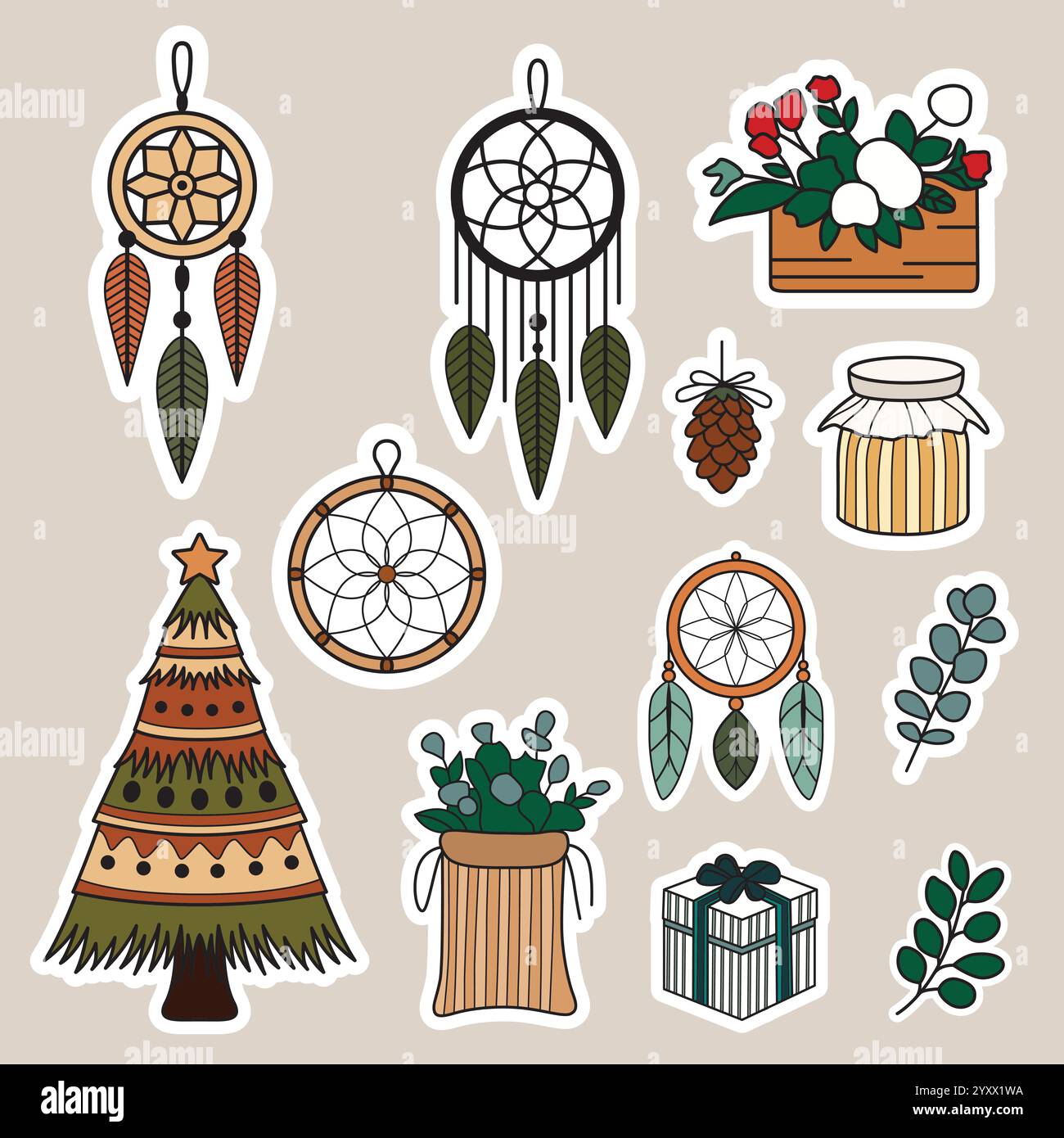 Bohemian Christmas Vector Clip Art Set of Elements - Cute Hand-Drawn ...