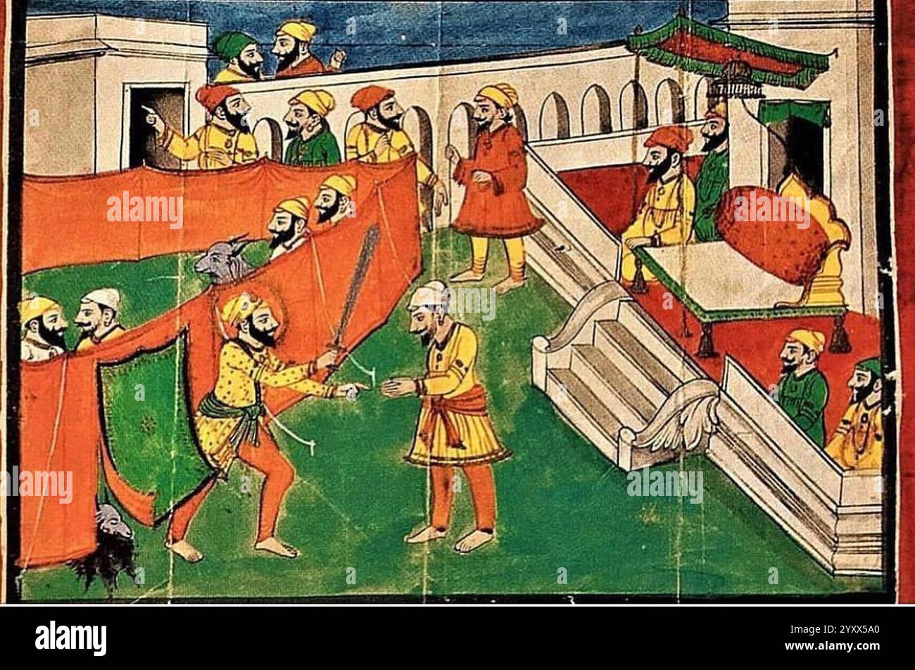 Depiction of a jhatka slaughter by Guru Gobind Singh and his Sikhs to ...