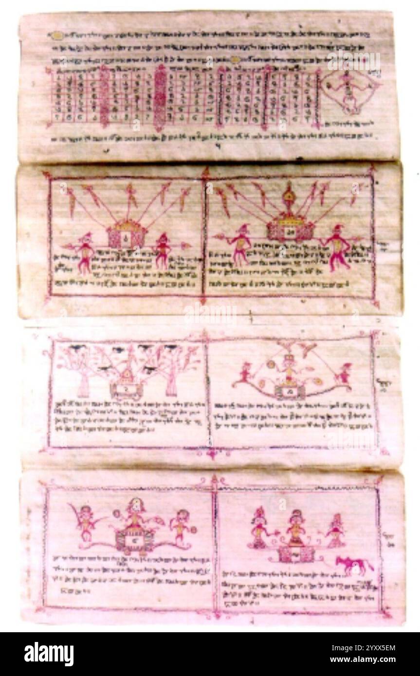 Depictions of coffin, crow, tree, king, servants, other people and cows ...