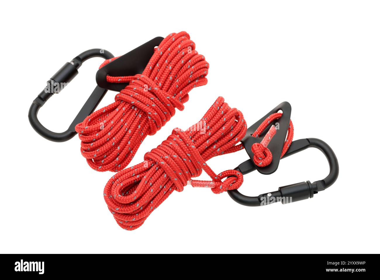 Carabiner attached to rope on white background Stock Photo - Alamy