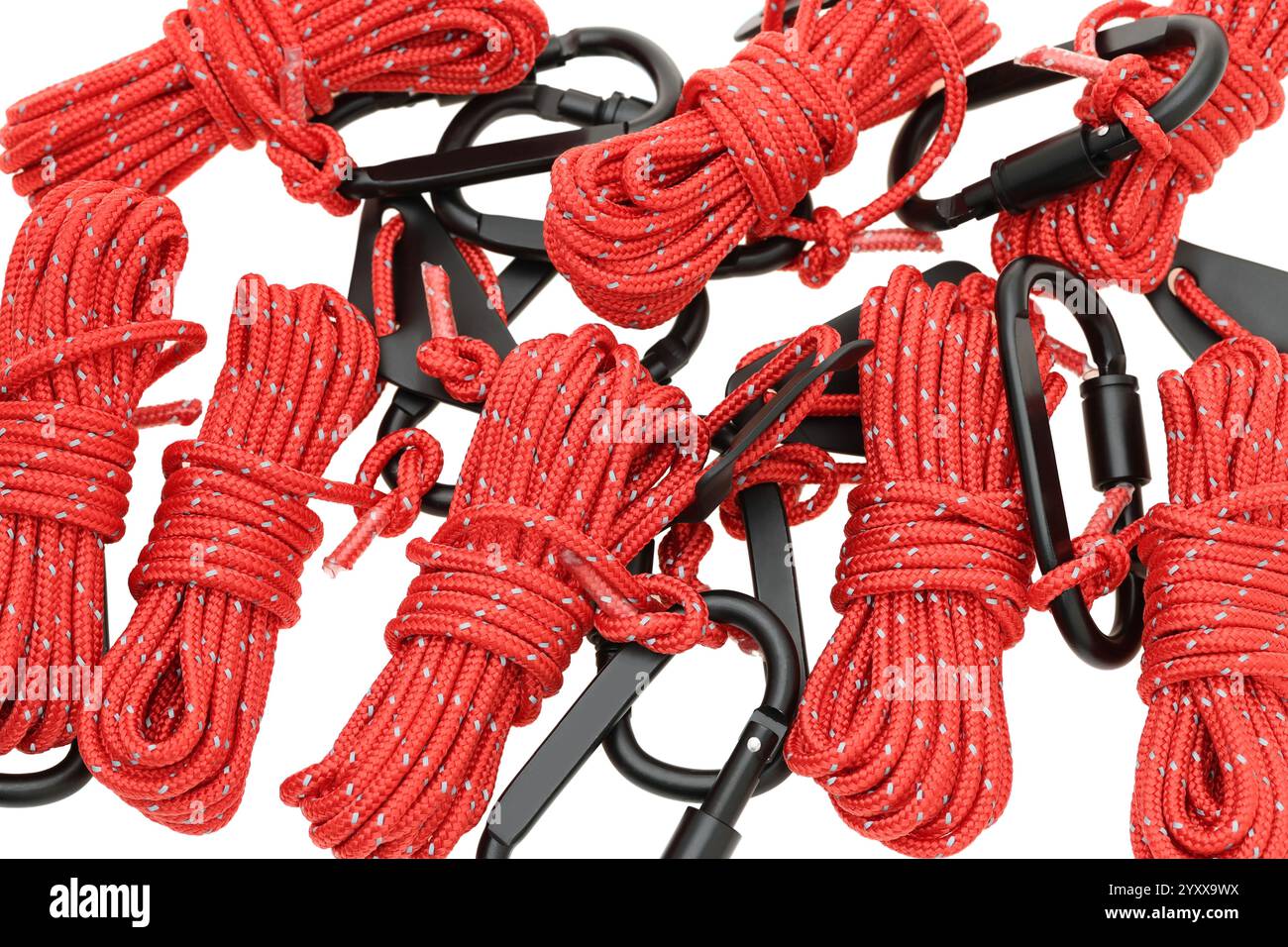Carabiner attached to rope on white background Stock Photo - Alamy