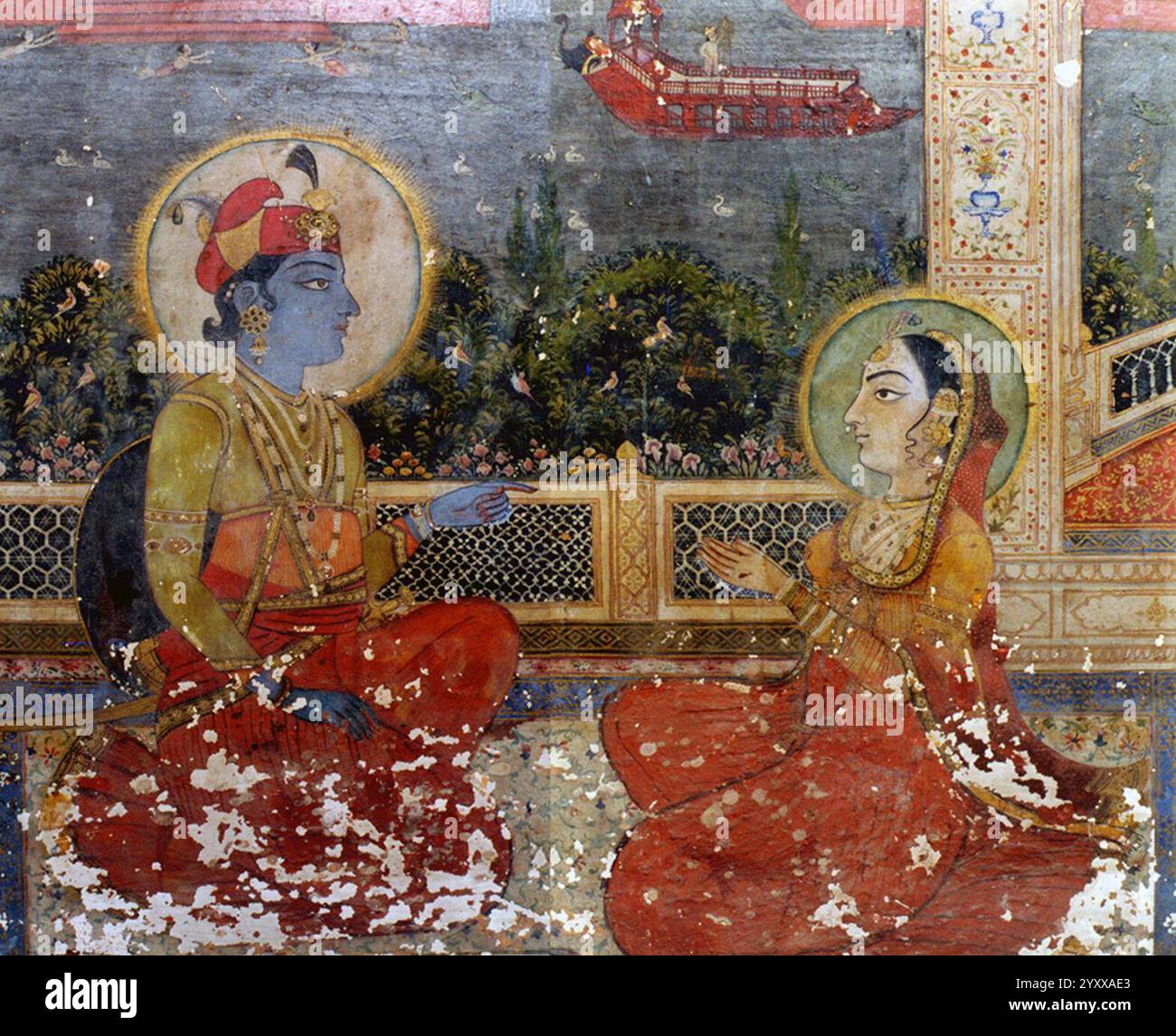 Detail of a mural depicting Krishna and Rukmini from the Sheesh Mahal ...