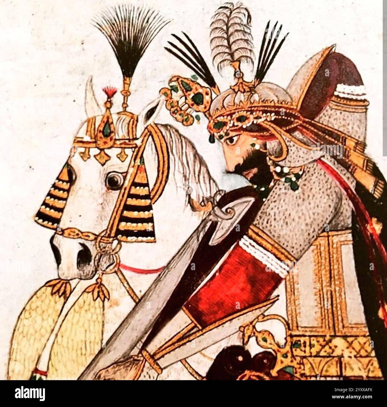 Detail of a painting of Baba Sadhu Singh Sodhi on horseback with gun ...