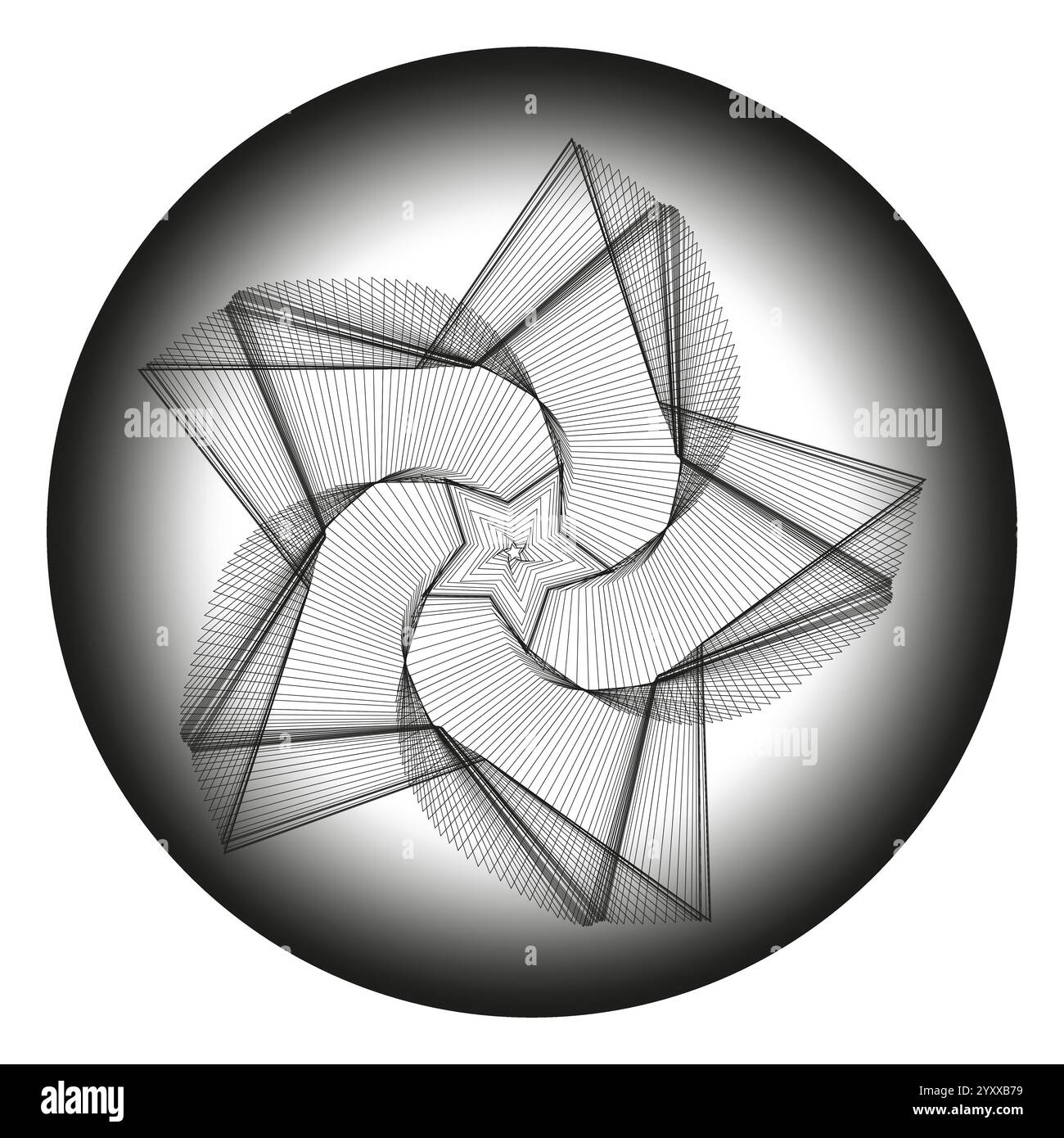 Abstract star lines. Circular geometric pattern. Black gradient background. Intricate vector art ...