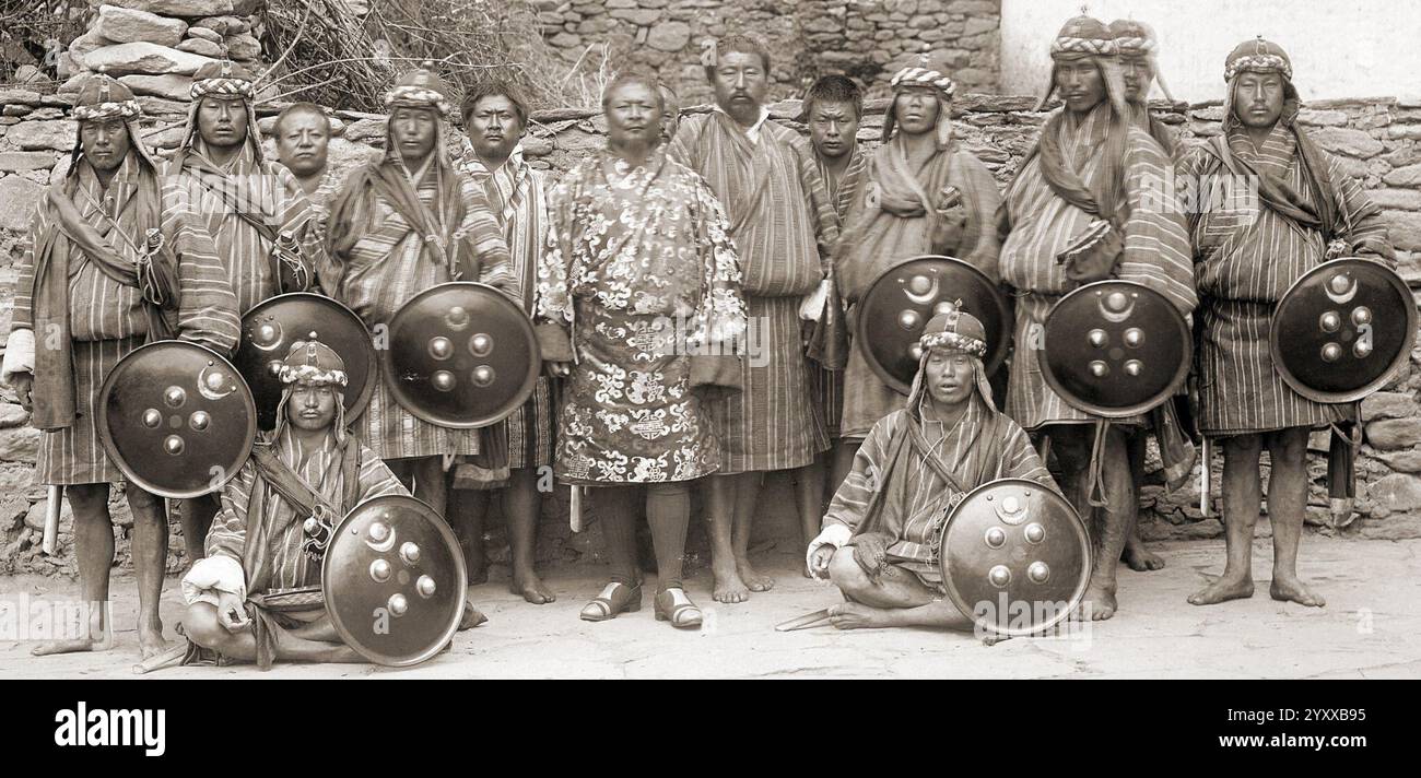 Detail, Sir Ugyen Wangchuck, with his bodyguards, Tongsa Dzong in ...