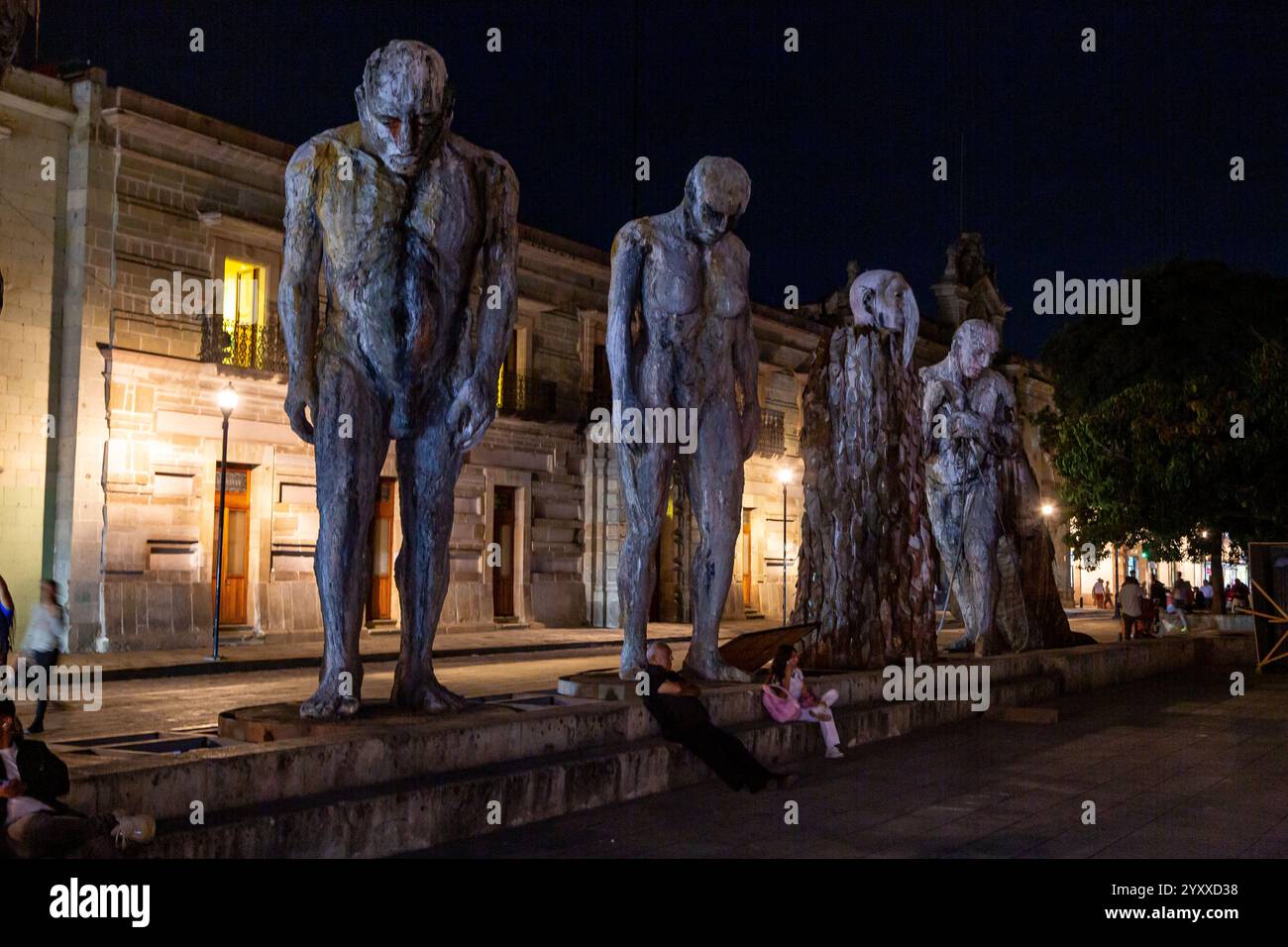 Night view of a group of monumental sculptures at the streets of Oaxaca ...