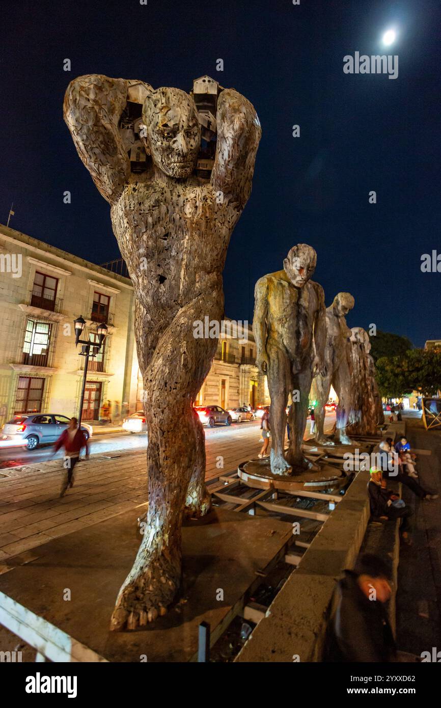 Night view of a group of monumental sculptures at the streets of Oaxaca ...