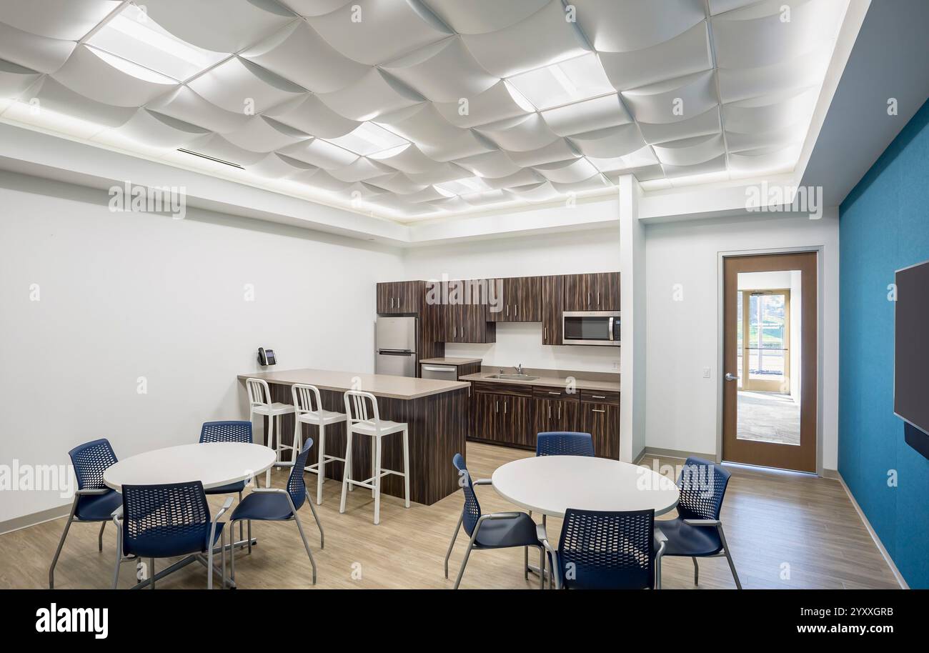 Employee break room with unique white pillow-like textured ceiling ...