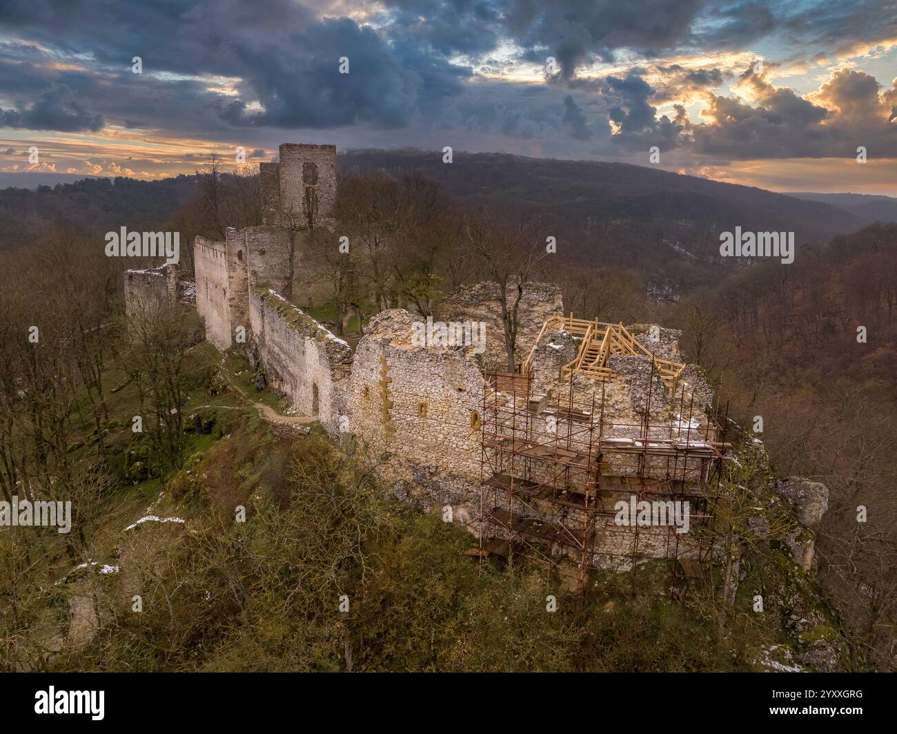 Aerial view of Dobra Voda castle in Slovakia with two square towers and ...