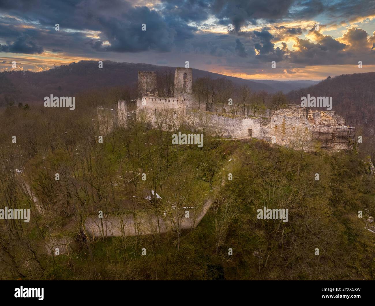 Aerial view of Dobra Voda castle in Slovakia with two square towers and ...