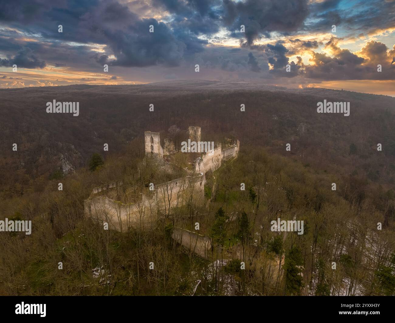 Aerial view of Dobra Voda castle in Slovakia with two square towers and ...