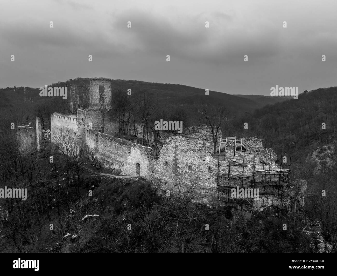 Aerial view of Dobra Voda castle in Slovakia with two square towers and ...