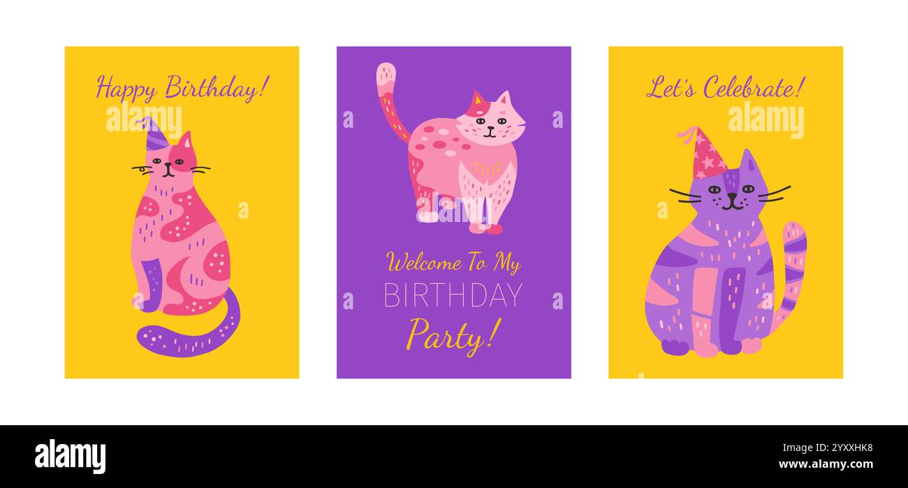 Postcard with hand drawn cartoon cats childish set. Welcome to birthday ...