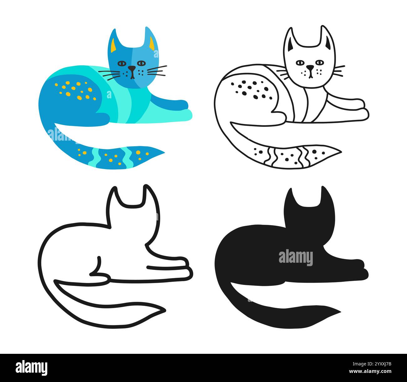 Cat symbol cartoon set. Abstract hand drawn comic kitten linear icon ...