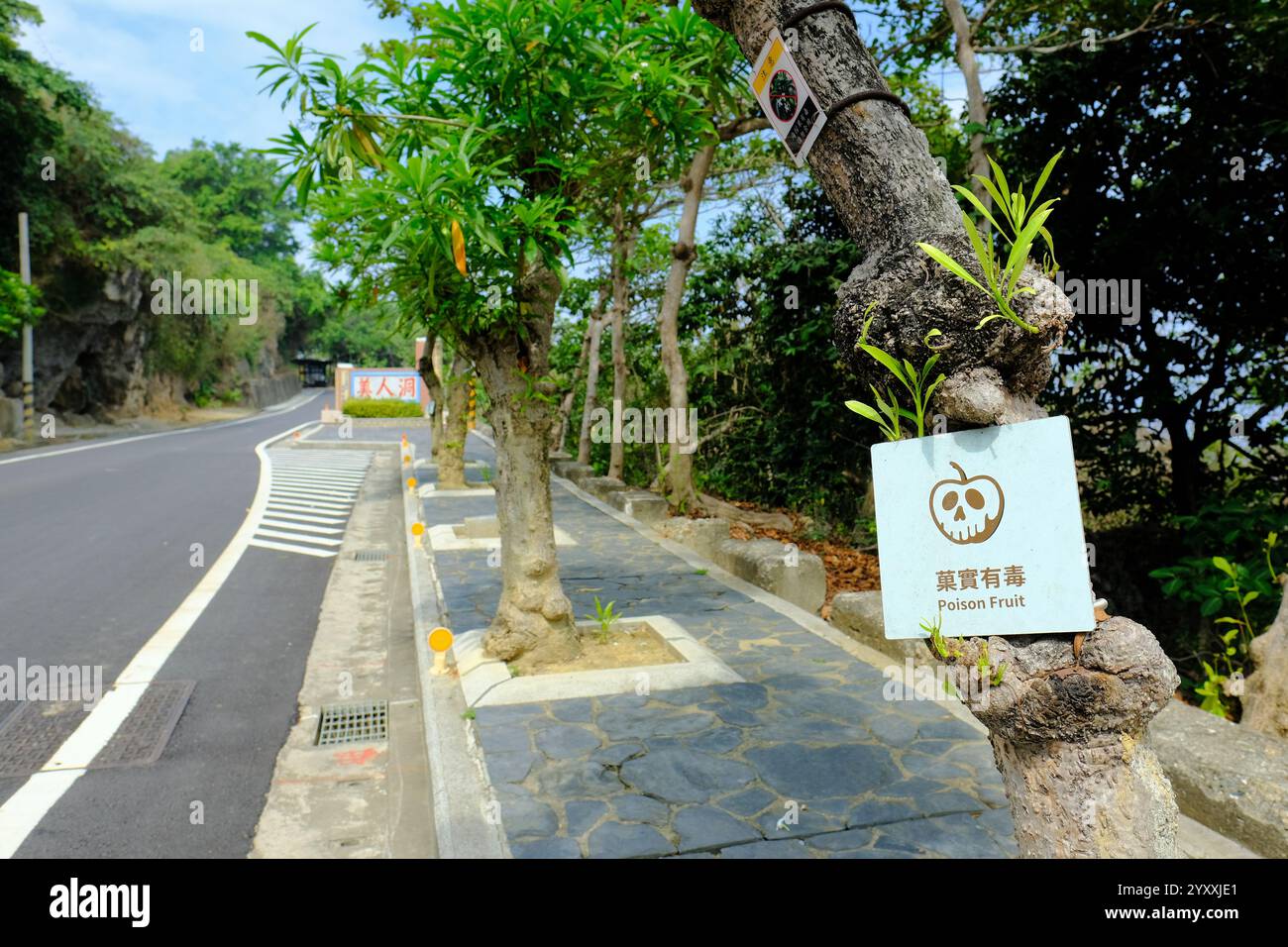 Sign with stylized fruit icon in the form of a skull warning people ...