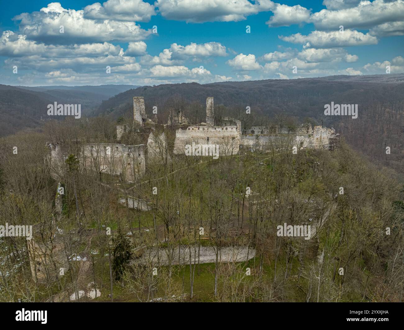 Aerial view of Dobra Voda castle in Slovakia with two square towers and ...