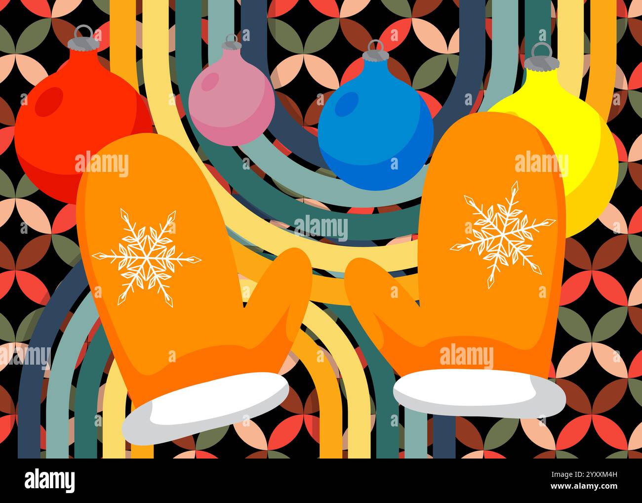 Retro 70s Background with Mitten Glove and Christmas decoration ball ...