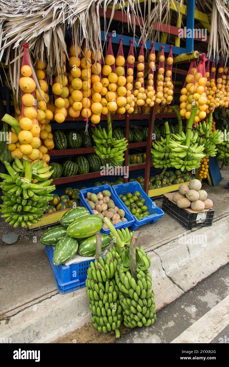 Roadside fruit stand with a variety of tropical fruits. Photographed on ...