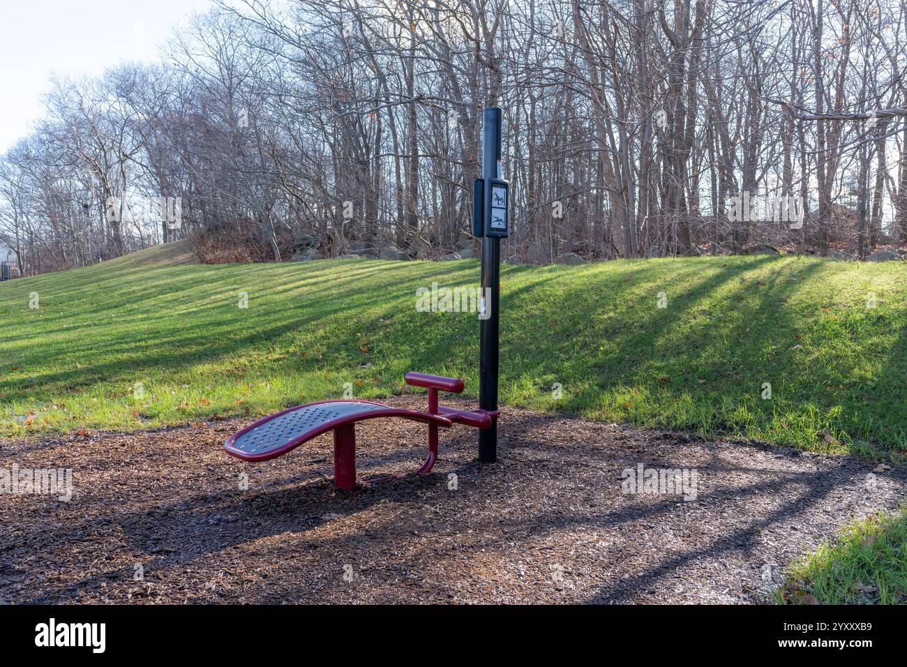 Exercise stations in public park. Outdoor gym. Close up outdoors gym ...