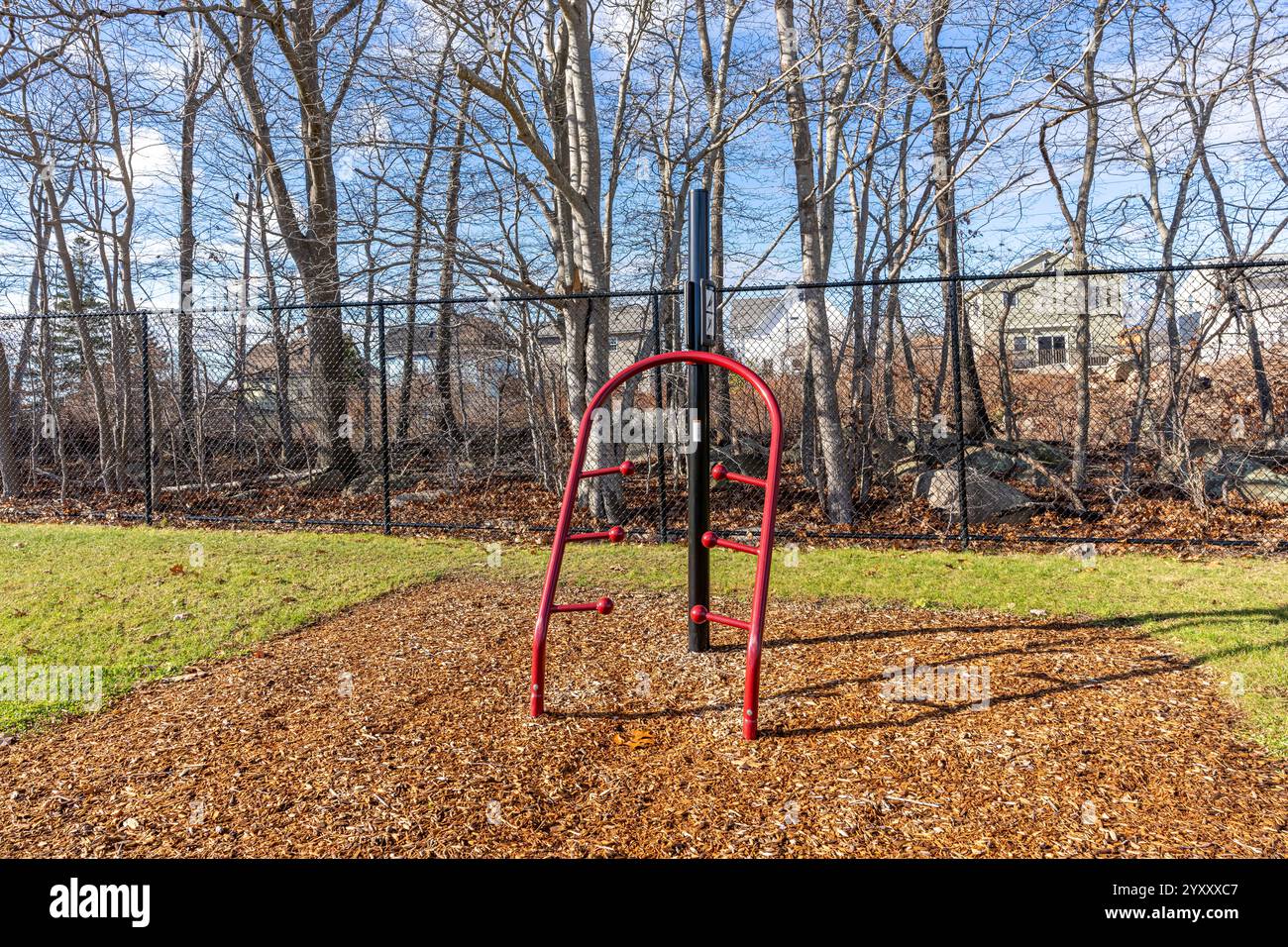 Exercise stations in public park. Outdoor gym. Close up outdoors gym ...