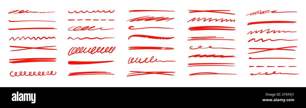 Red marker underline brush stroke set. Marker red pen highlights ...
