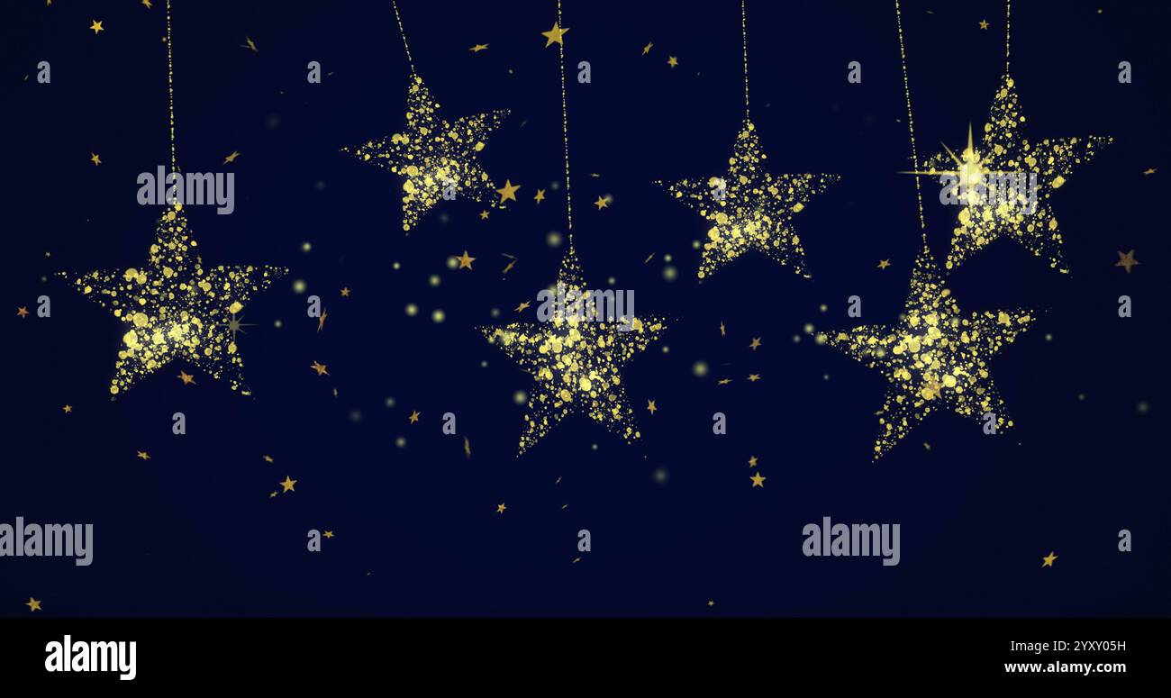 Image of floating gold stars and hanging star christmas decorations on ...