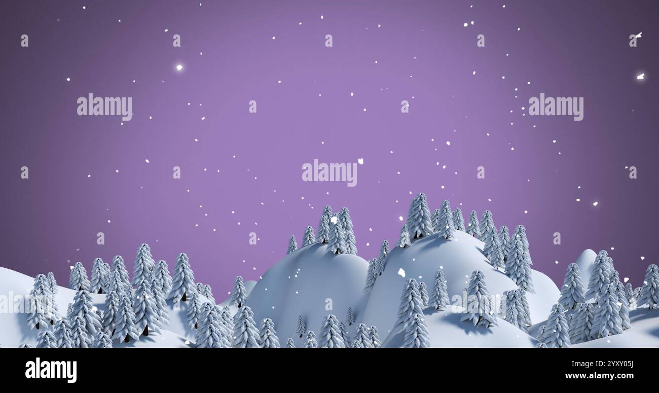 Image of christmas snow falling over trees in winter landscape and ...