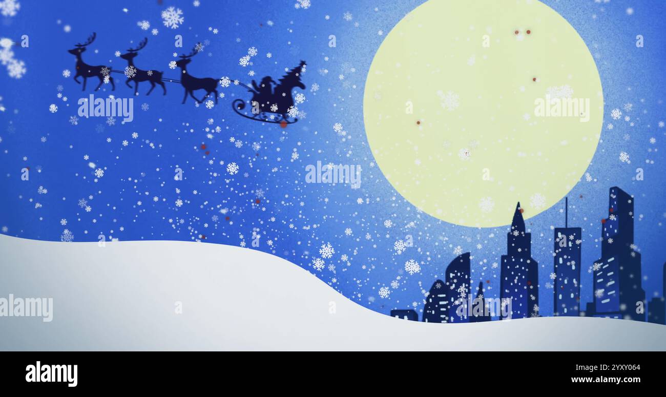 Image of white snowflakes falling over santa's christmas sleigh and ...