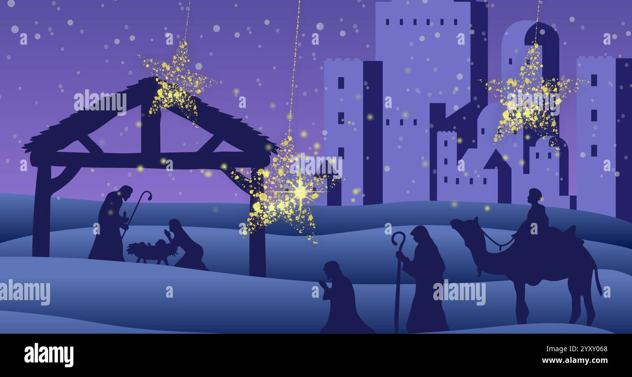 Image of gold christmas stars swinging over silhouette nativity scene ...