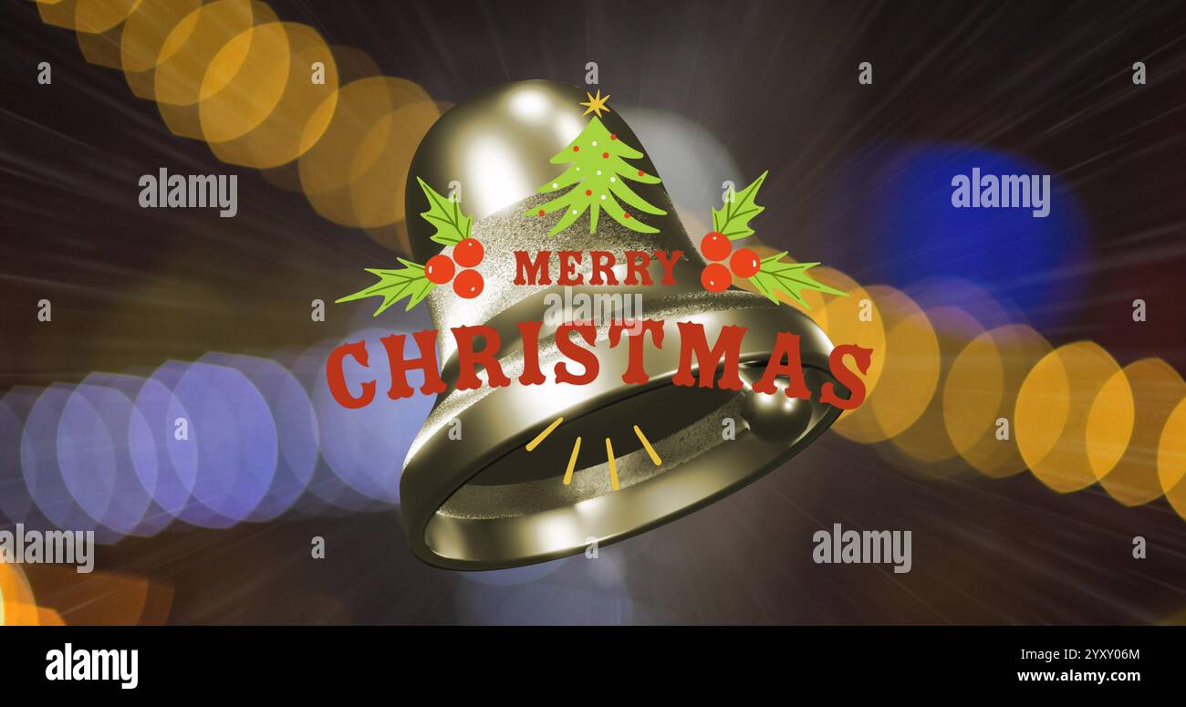 Image of merry christmas text over ringing bell and defocussed blue and ...