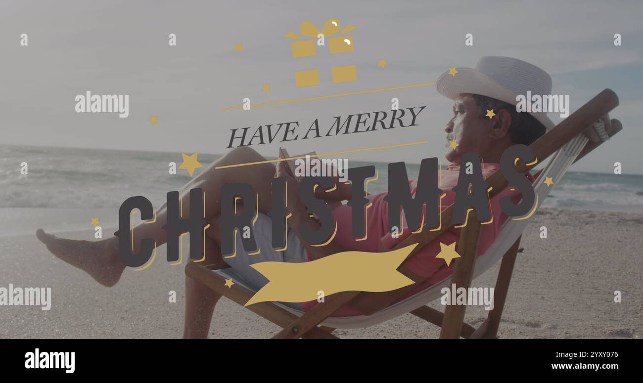 Image of have a merry christmas over senior hispanic man sunbathing ...