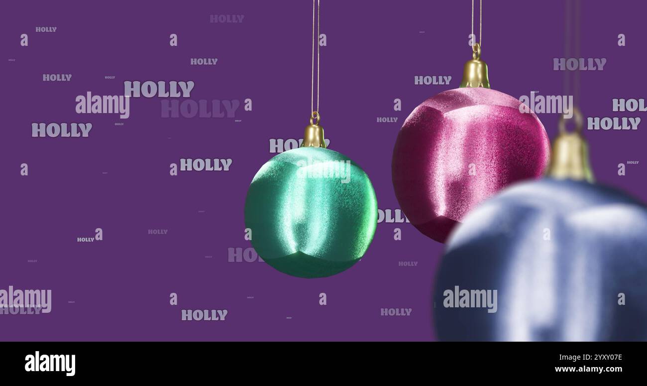 Image of repeated holly text and shiny coloured christmas baubles on ...