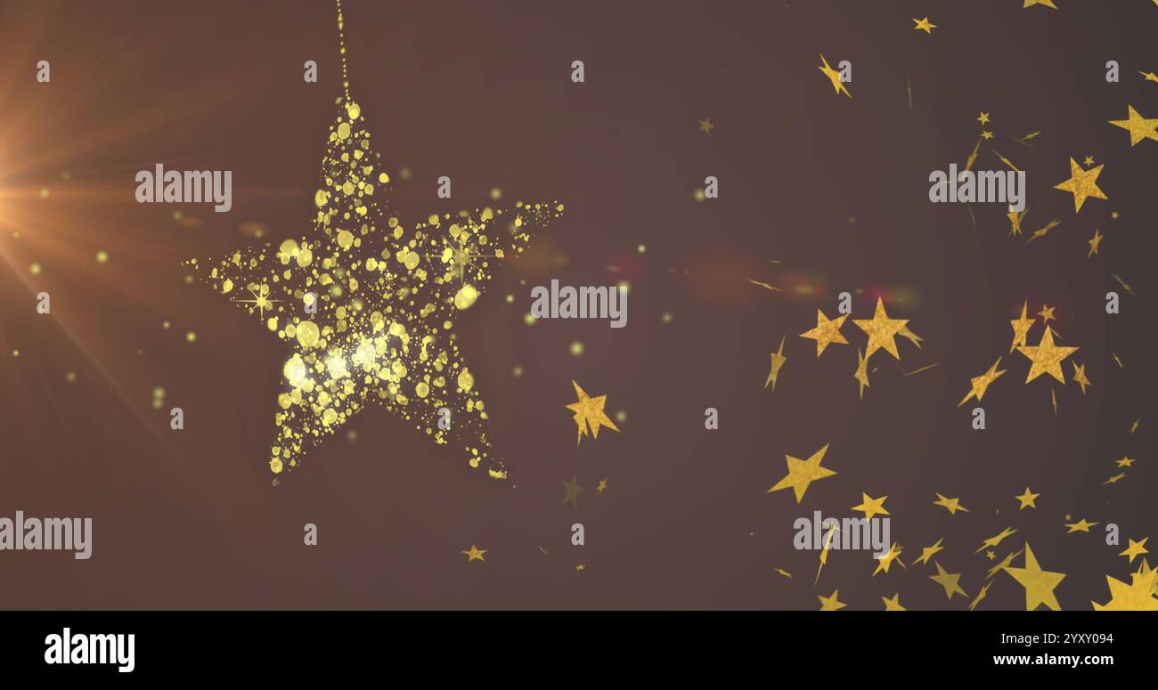 Image of gold christmas star bauble swinging and floating gold stars on ...