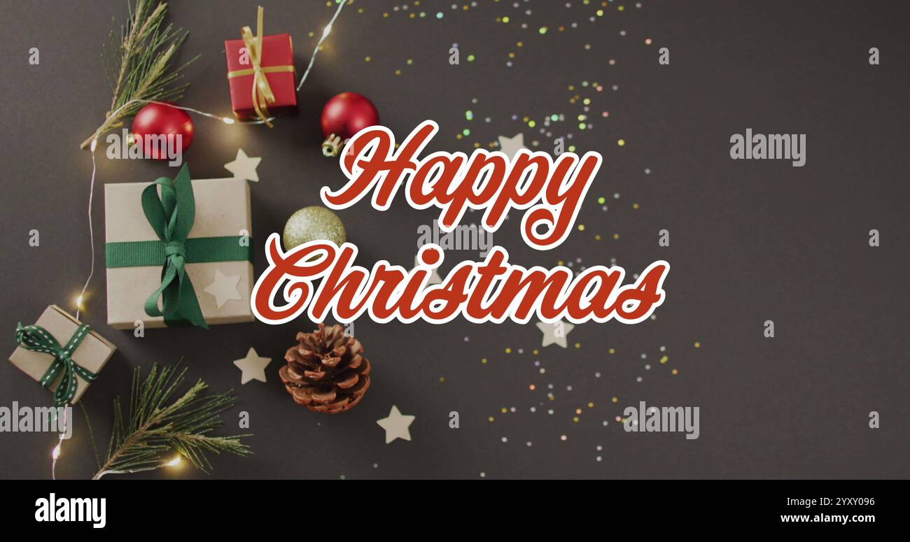 Image of christmas greetings text over christmas baubles and presents ...