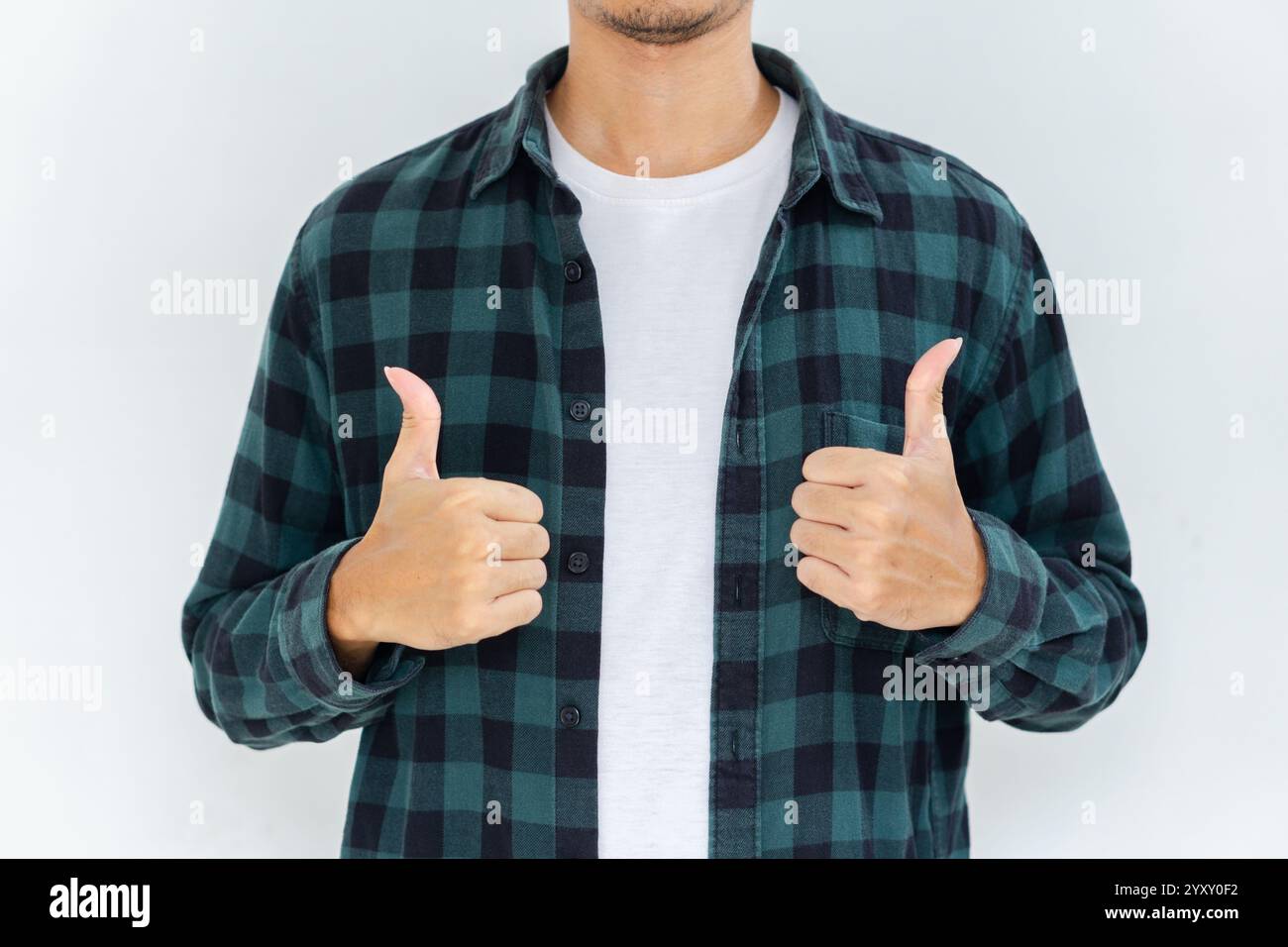 Half cropped body Young Adult men with flannel and white shirt thumbs ...