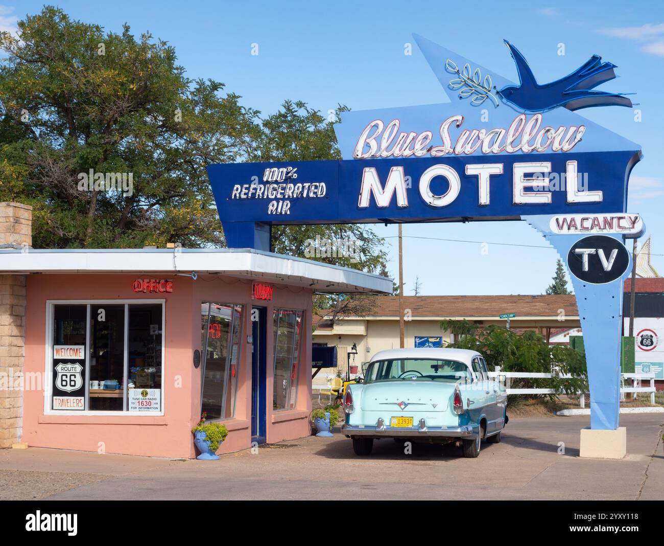 Retro Blue Swallow Motel on Route 66 with its iconic vintage neon sign ...