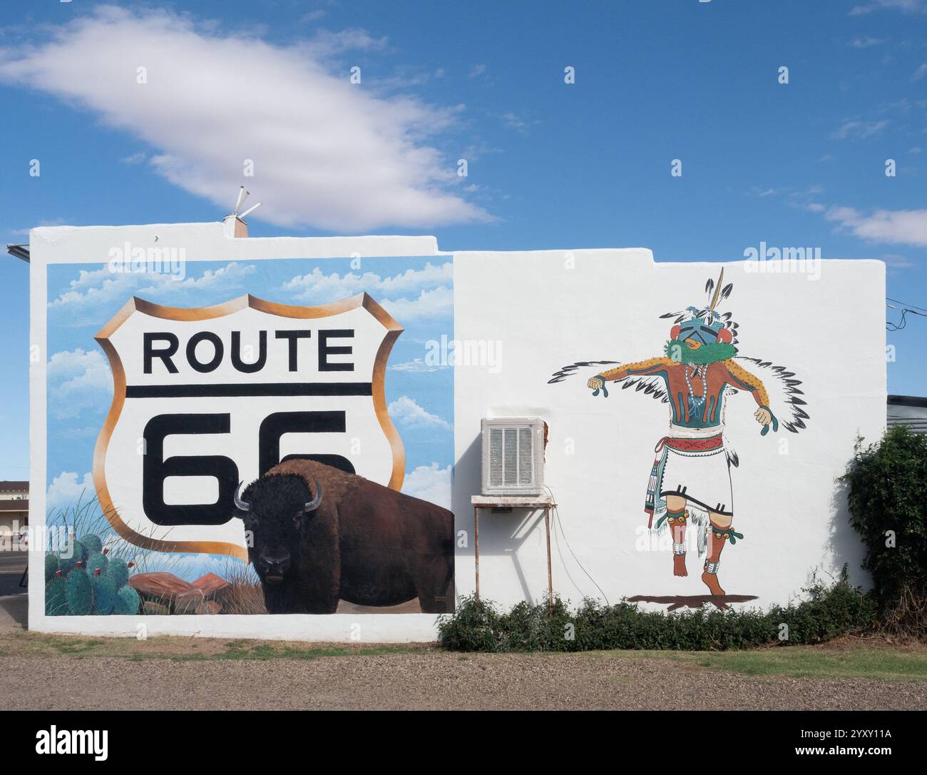Route 66 mural featuring an American bison and a Native American dancer ...