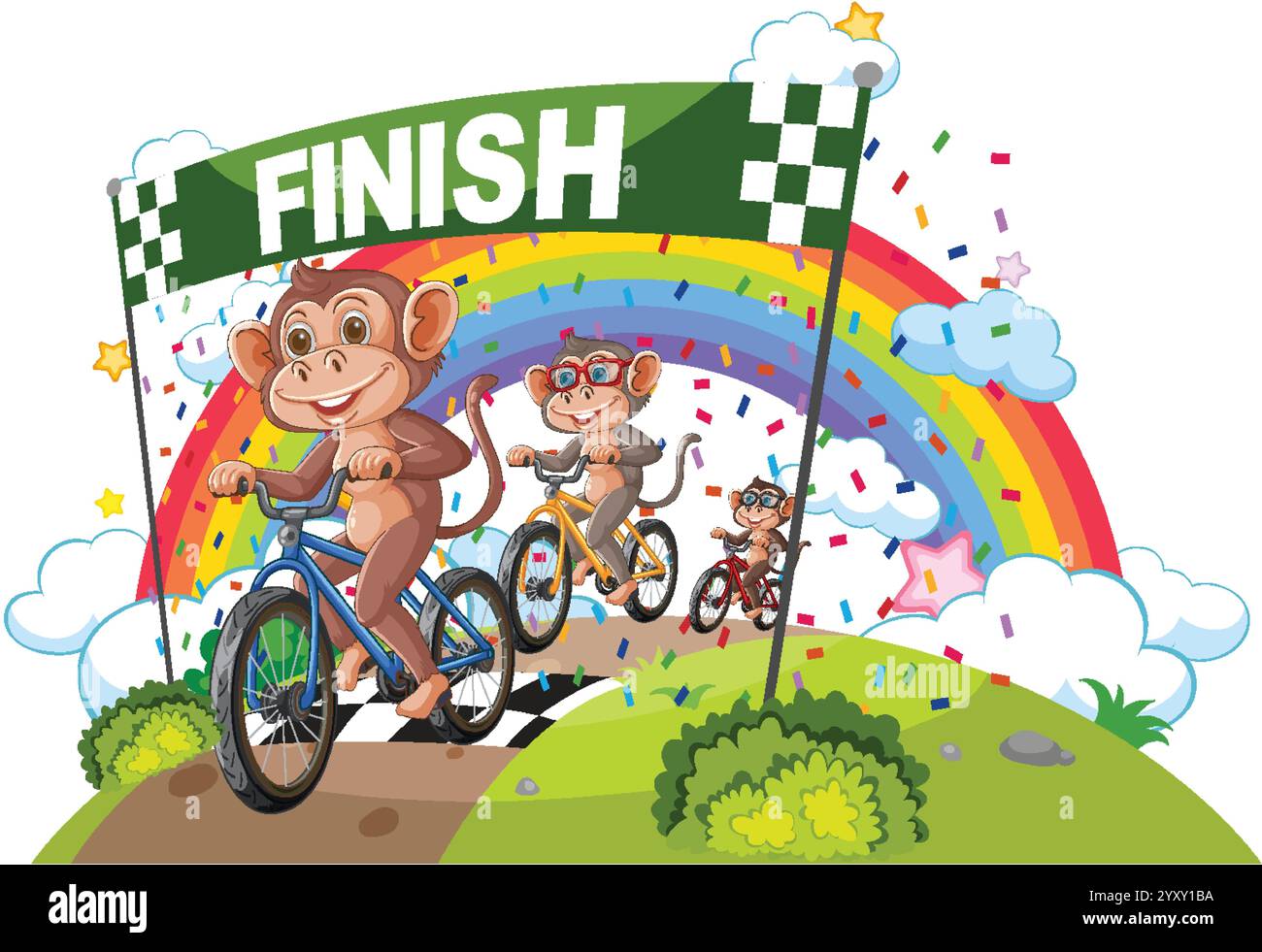 Monkeys racing bicycles under a colorful rainbow Stock Vector Image ...