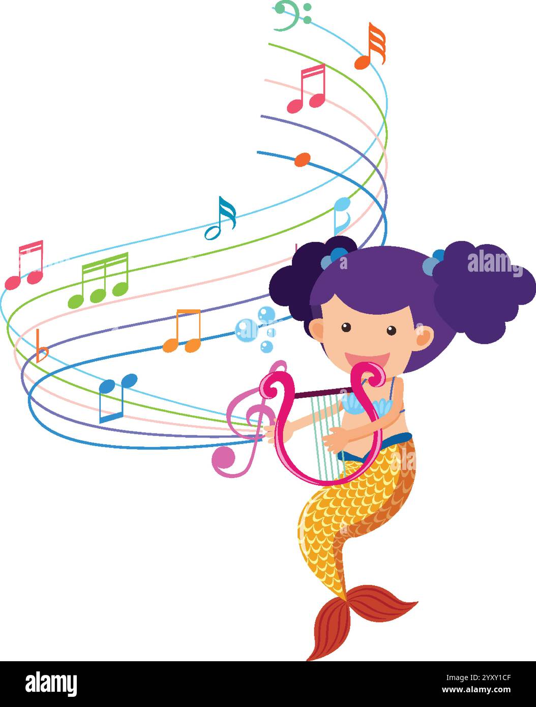 Colorful mermaid playing harp surrounded by music notes Stock Vector ...