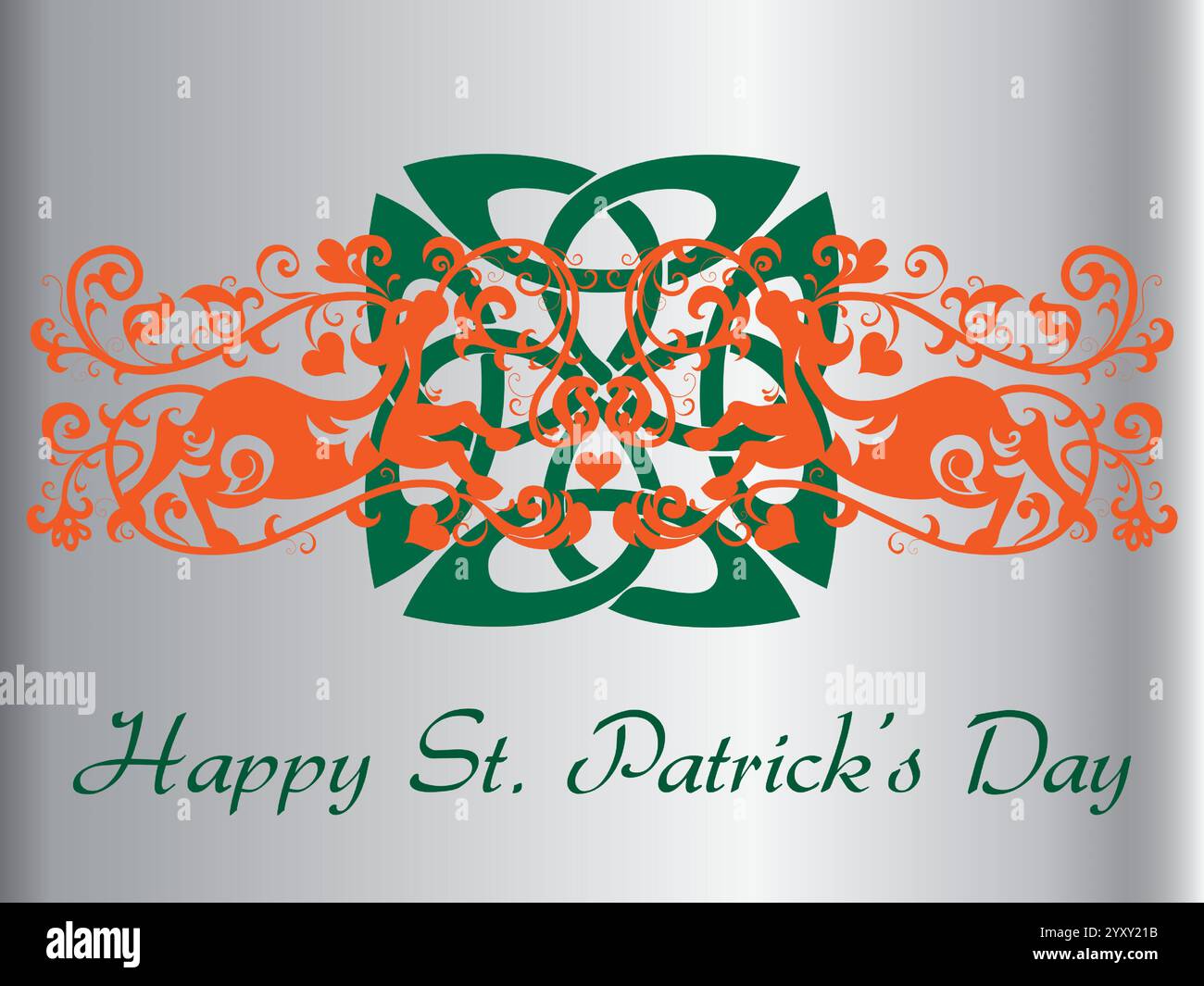 Silver colored poster with a green and orange design of a cross and a ...