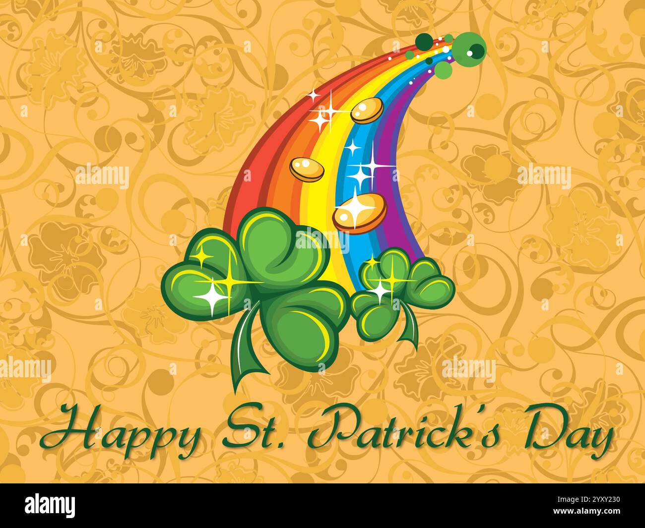 Colorful rainbow with three green shamrocks and gold coins. The ...