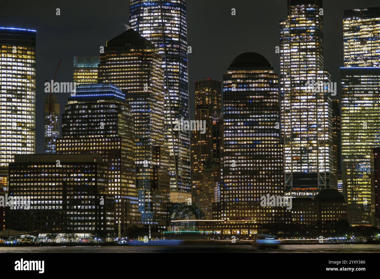 New York skyline at night. World Trade Center at night. Evening walk ...