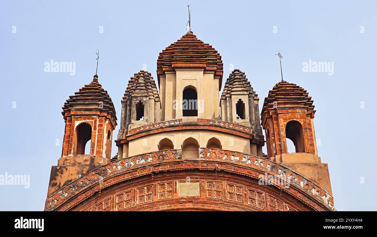 View of the Navratna (nine pinnacles) architecture of Radha Binod Temple, Joydev Kenduli ...