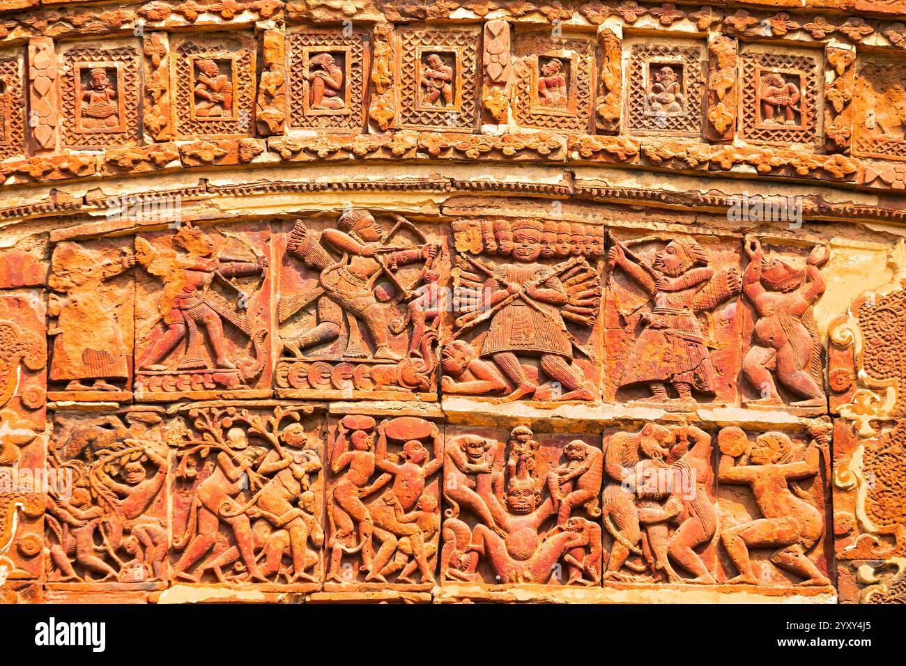 Terracotta panels on Radha Binod Temple illustrating various scenes ...