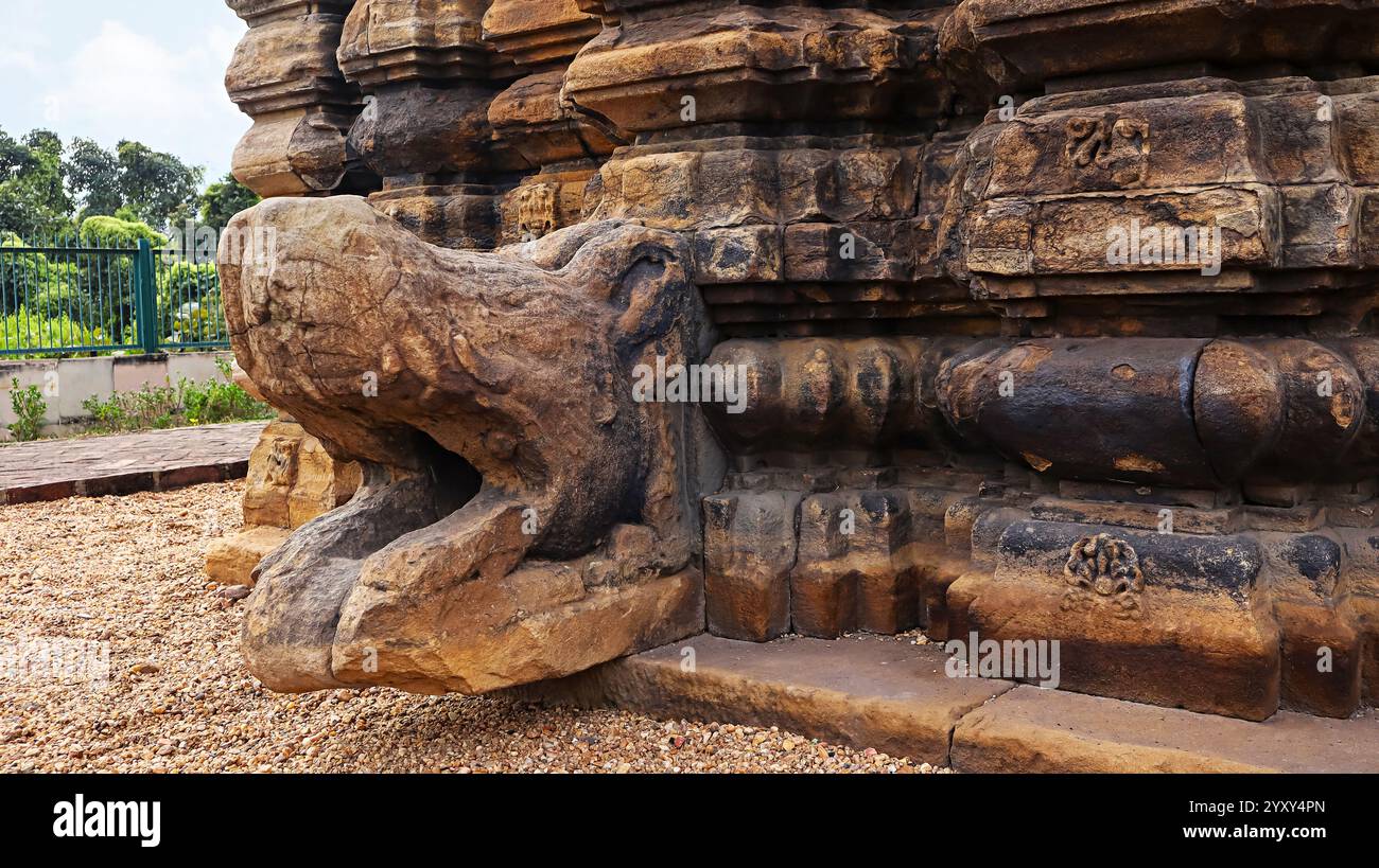 View of the ancient ruined makara (crocodile motif) carving at the Jain Temple, Banda, Purulia ...