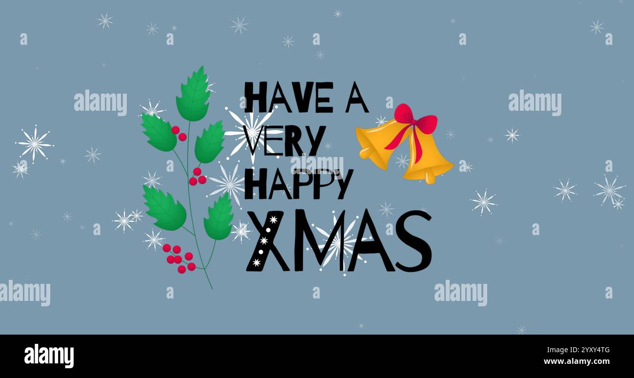 Image of happy christmas text over christmas decoration and snowflakes ...