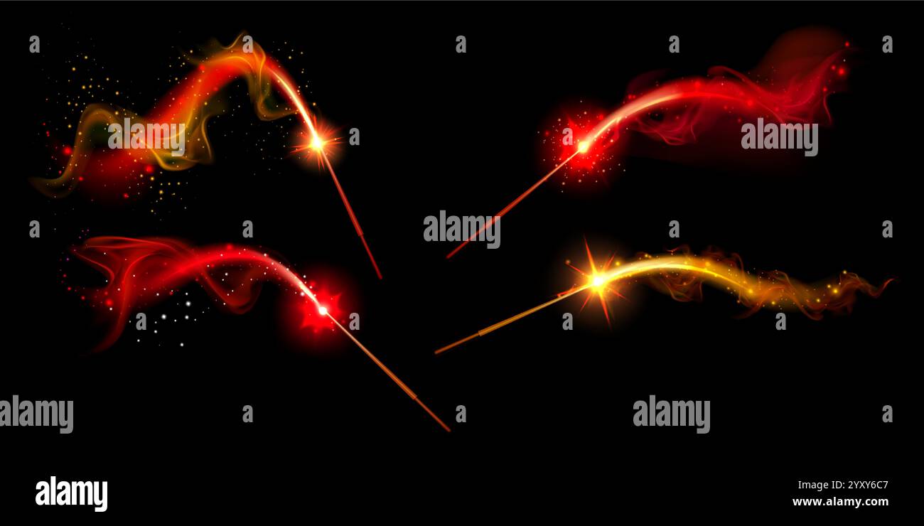 Magic wand sparkle effects set - luminous red and golden energy trails ...