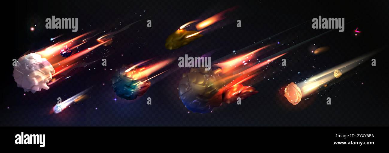 Flying asteroids set isolated on transparent background. Vector ...