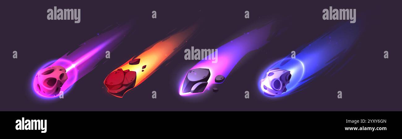 Burning asteroid and comet collection - celestial rocks with luminous ...